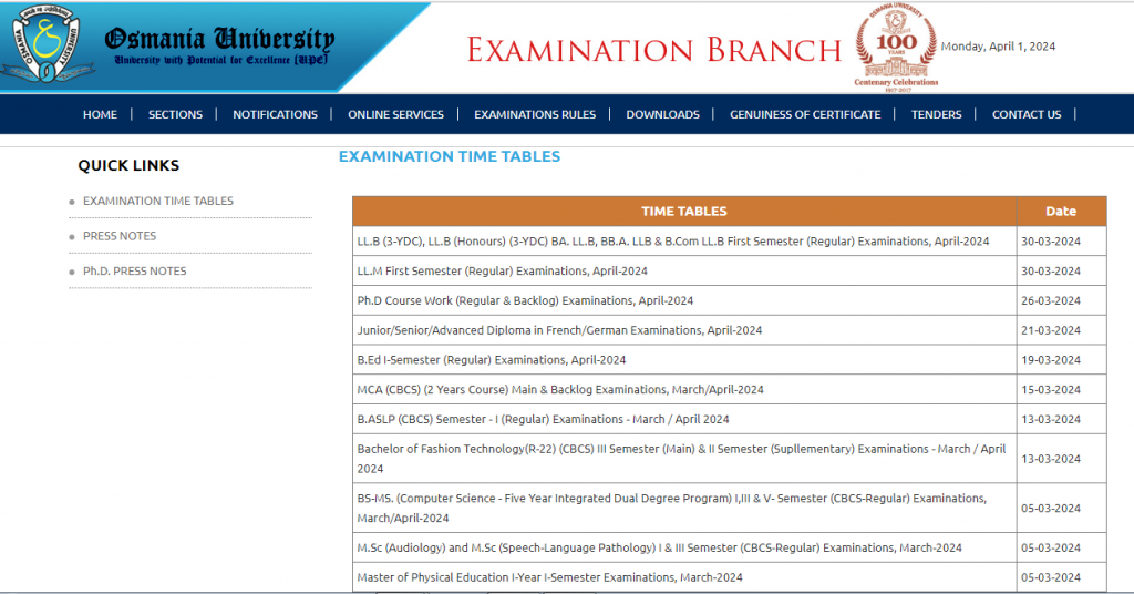 Osmania University Time Table 2024 PDF Download Osmania University Time Table 2024 PDF Download