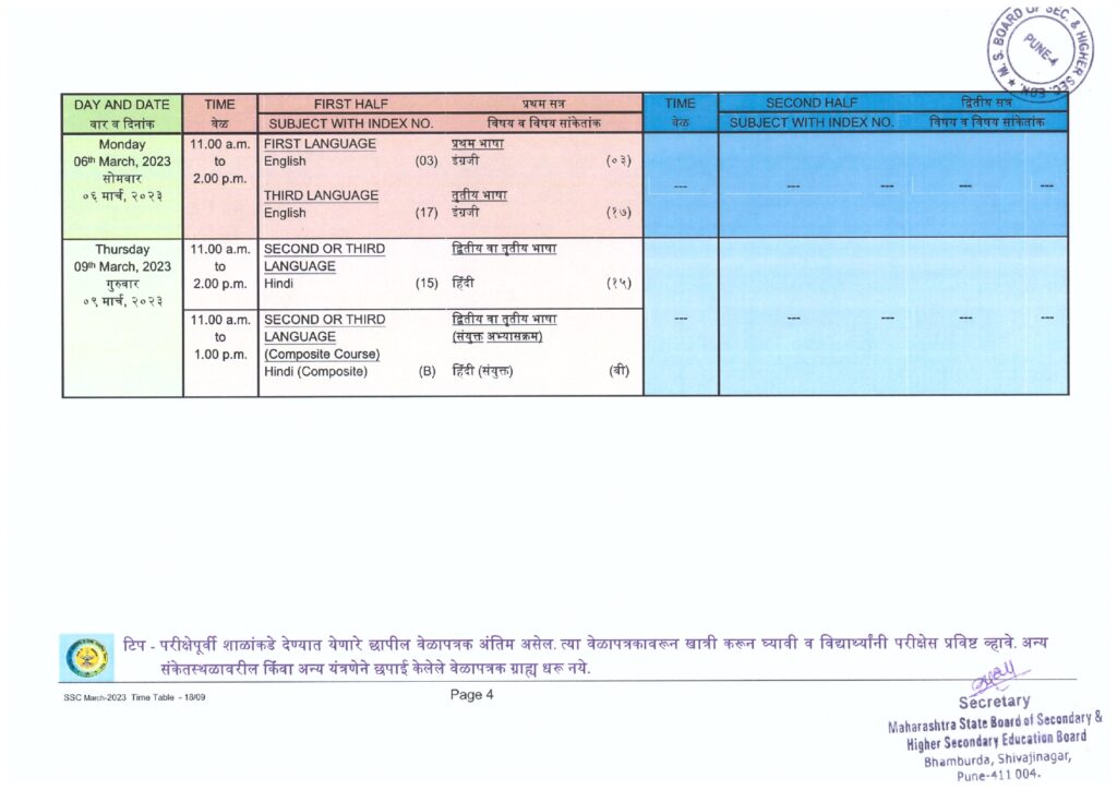Maharashtra Board Class 10th Time Table 2023 Downloadवेळापत्रक